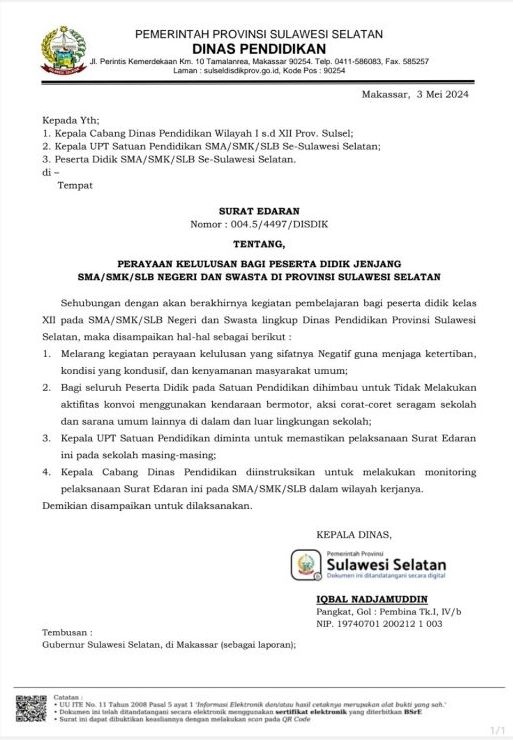 Surat Edaran Dinas Pendidikan Prov Sulsel Nomor: 004.5/4497/Disdik Tentang Perayaan Lulus SMA ...